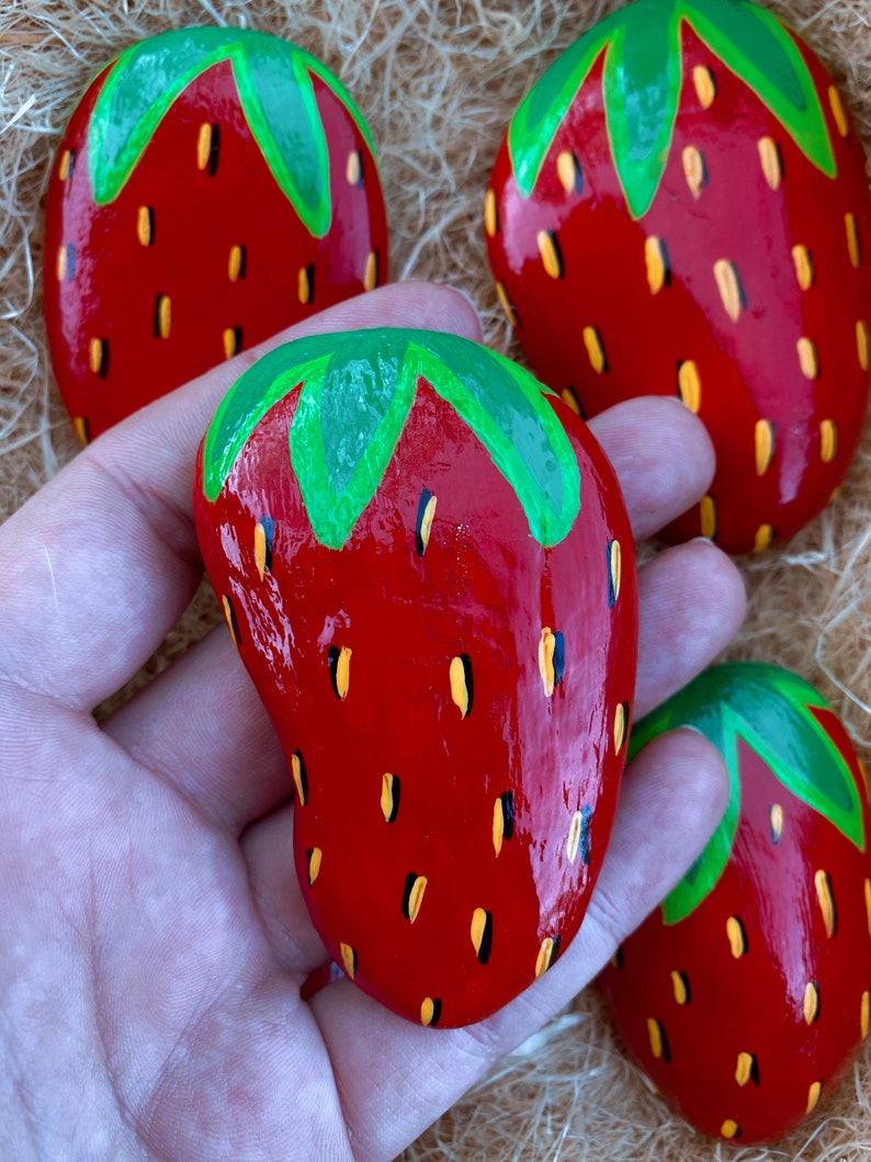 Strawberry Garden Stones Strawberry Rocks Painted Rocks Strawberry - Etsy