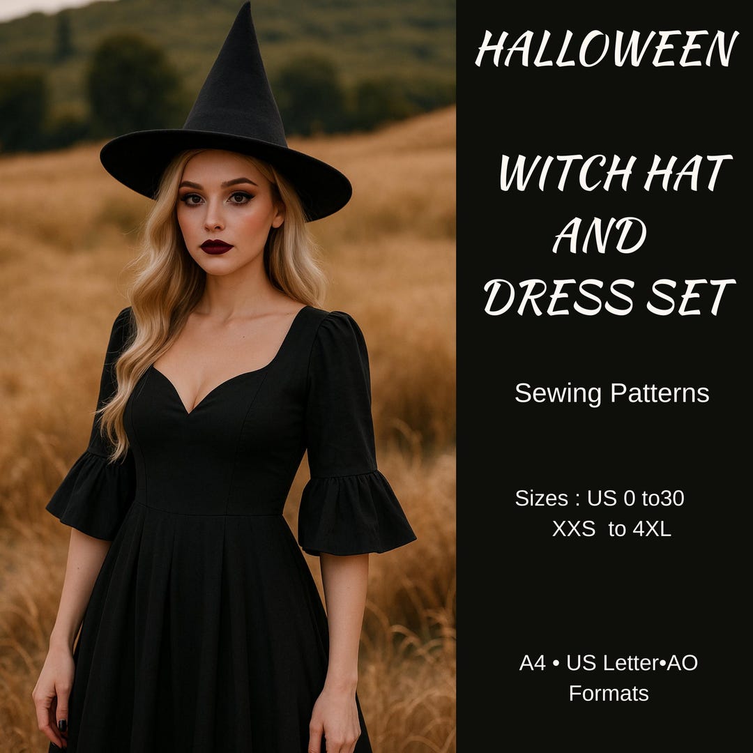 Halloween Witch Dress and Hat Sewing Pattern, Gothic Costume PDF ...
