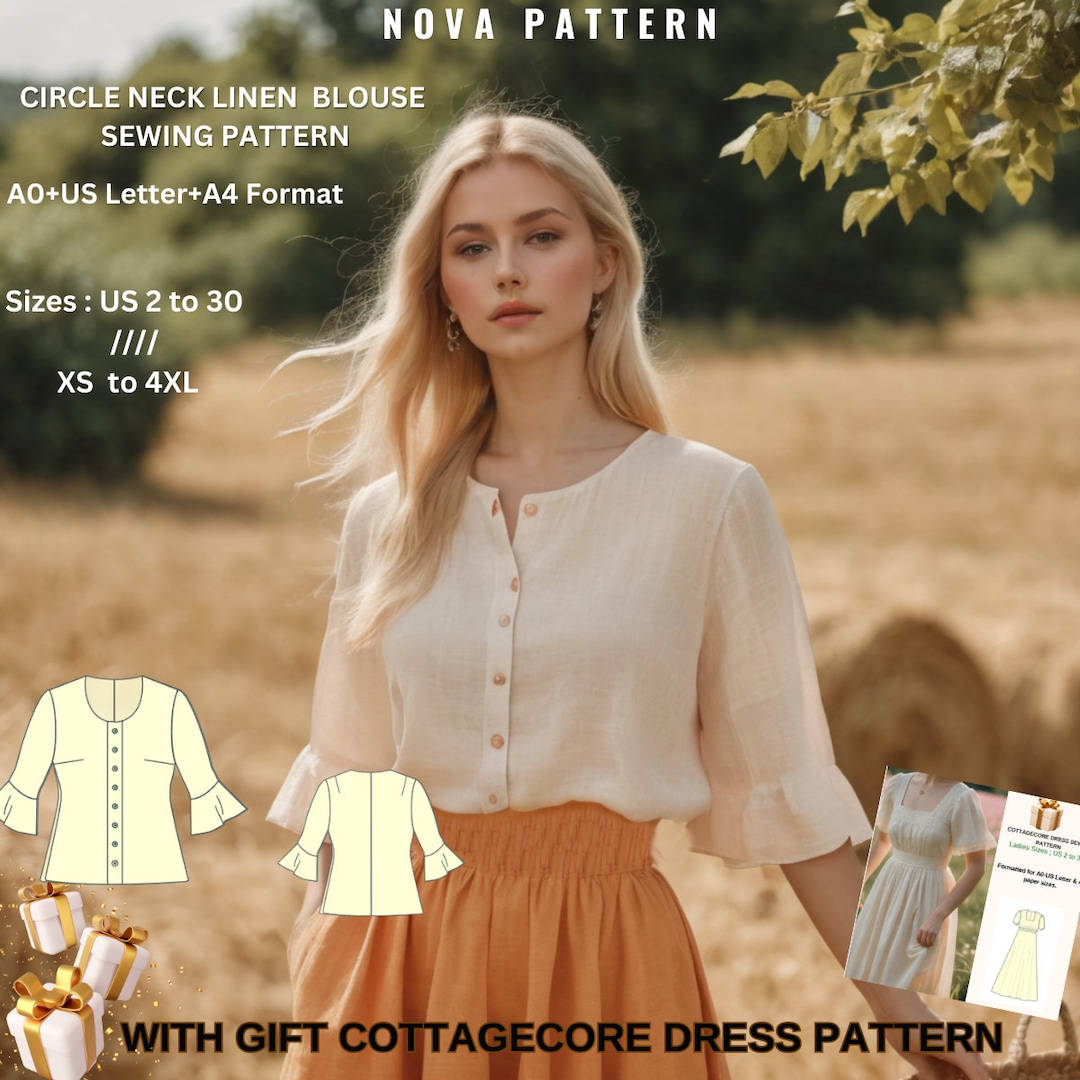 Linen Blouse Sewing Pattern | Round Neck Button Down Top | Cottagecore ...