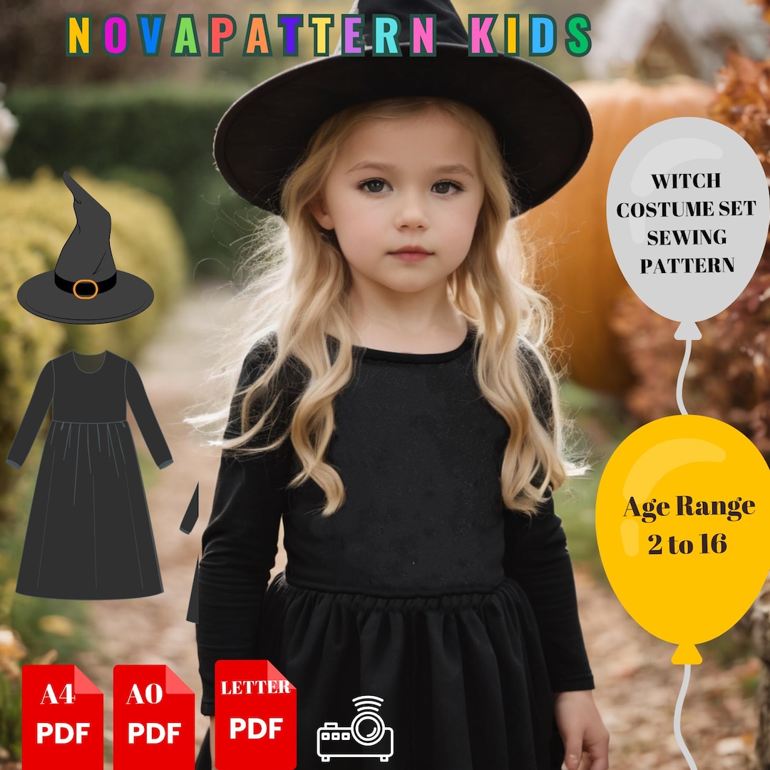Kids Witch Costume Sewing Pattern: Dress & Hat (PDF Download, Ages 2-16 ...