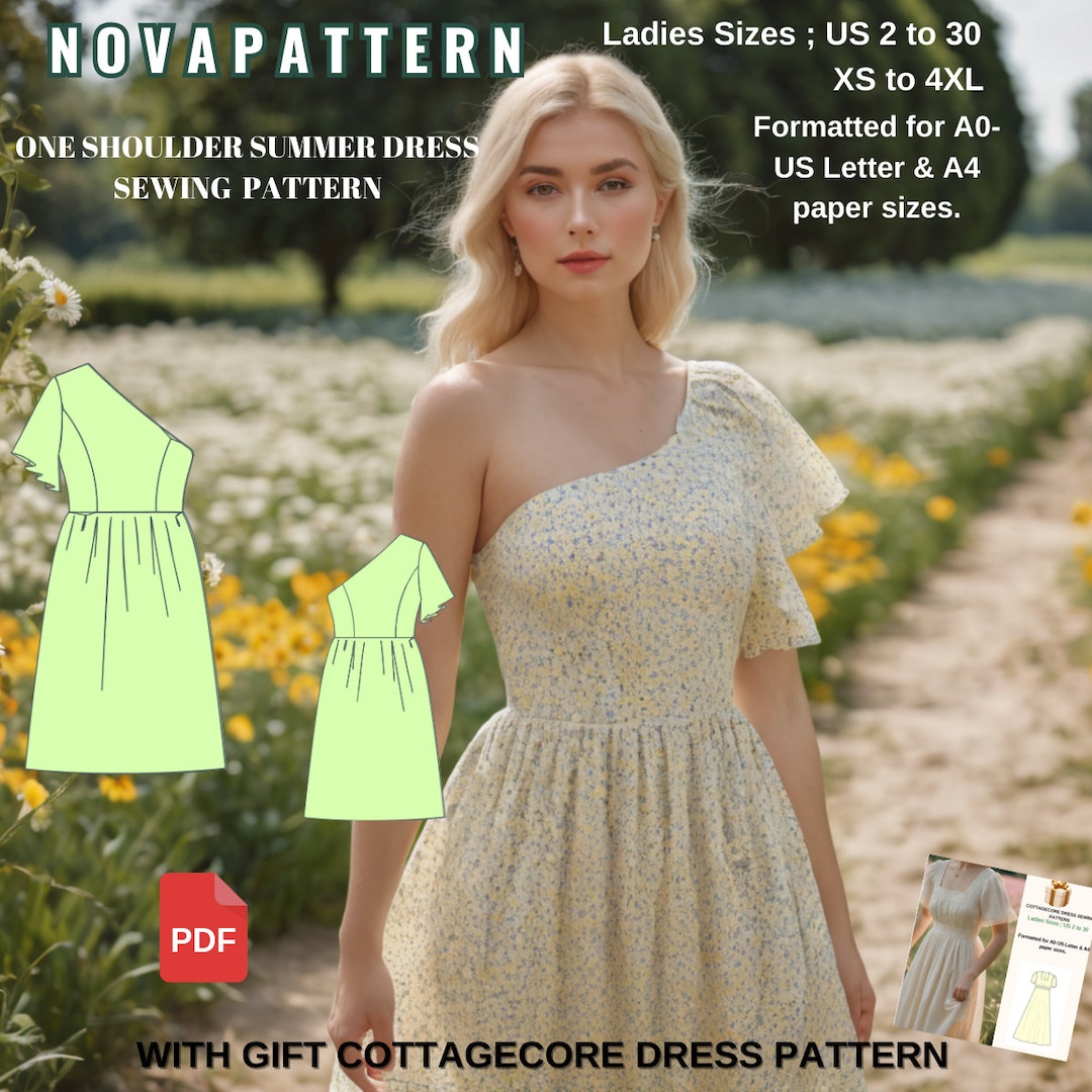 One Shoulder Midi Dress Sewing Pattern: US Size 2-30 (PDF Pattern) - Etsy