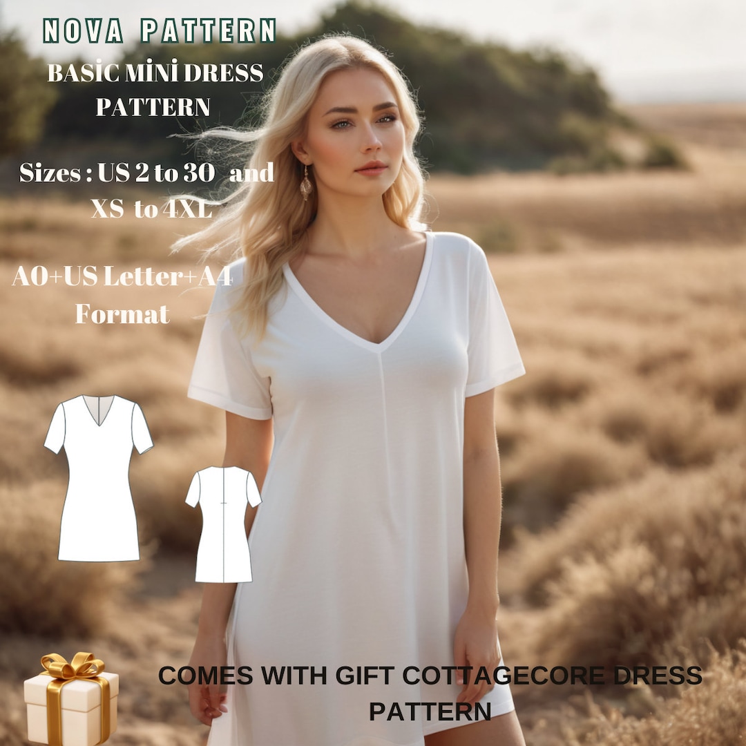 Basic Mini Dress Sewing Pattern Women | Simple V Neck Dress Pattern ...