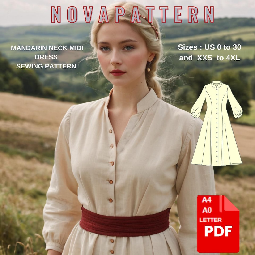Mandarin Collar Midi Dress Sewing Pattern, Vintage Button Front Dress ...