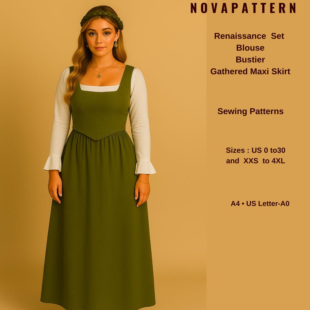 Renaissance Dress Set Sewing Pattern | Medieval Blouse and Bustier Maxi ...