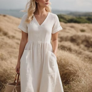 Short Sleeve Linen Maxi Dress, Linen Gathered Summer Dress Sewing ...