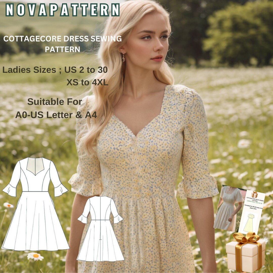 Fairy Cottagecore Dress Pattern,heart Neck,fit and Flare Sleeve Midi ...