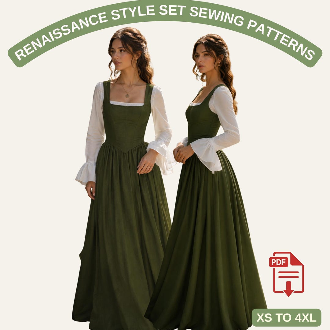 Renaissance Dress Set Sewing Pattern | Medieval Blouse and Bustier Maxi ...