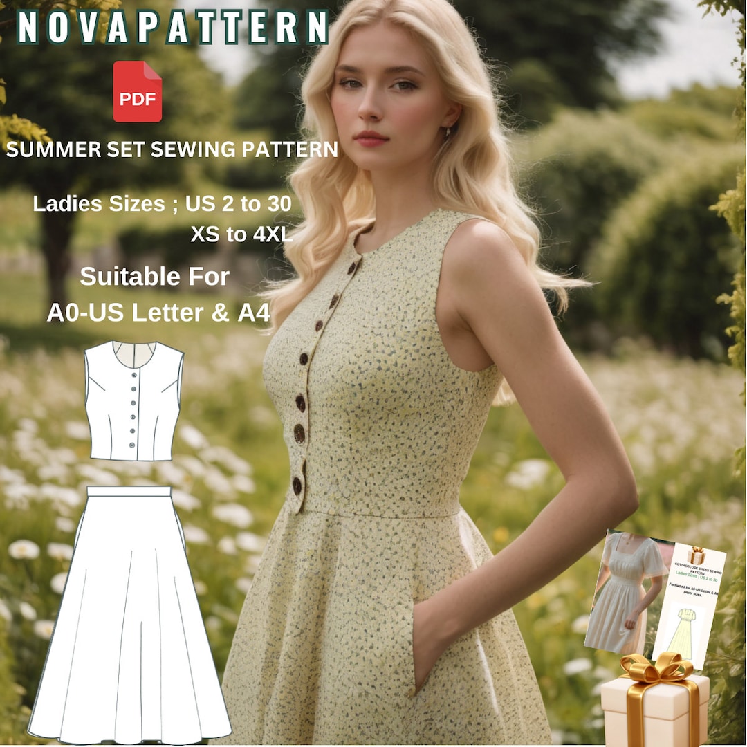 Cottagecore Vest and Midi Skirt Summer Set Pattern,suitable for A0-a4 ...