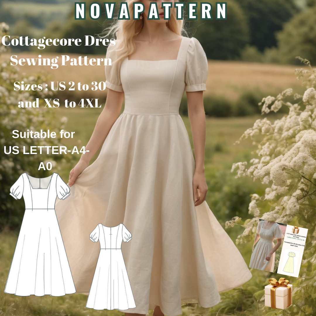 Motif de robe Fairy Cottagecore en lin, robe mi-longue circulaire ...