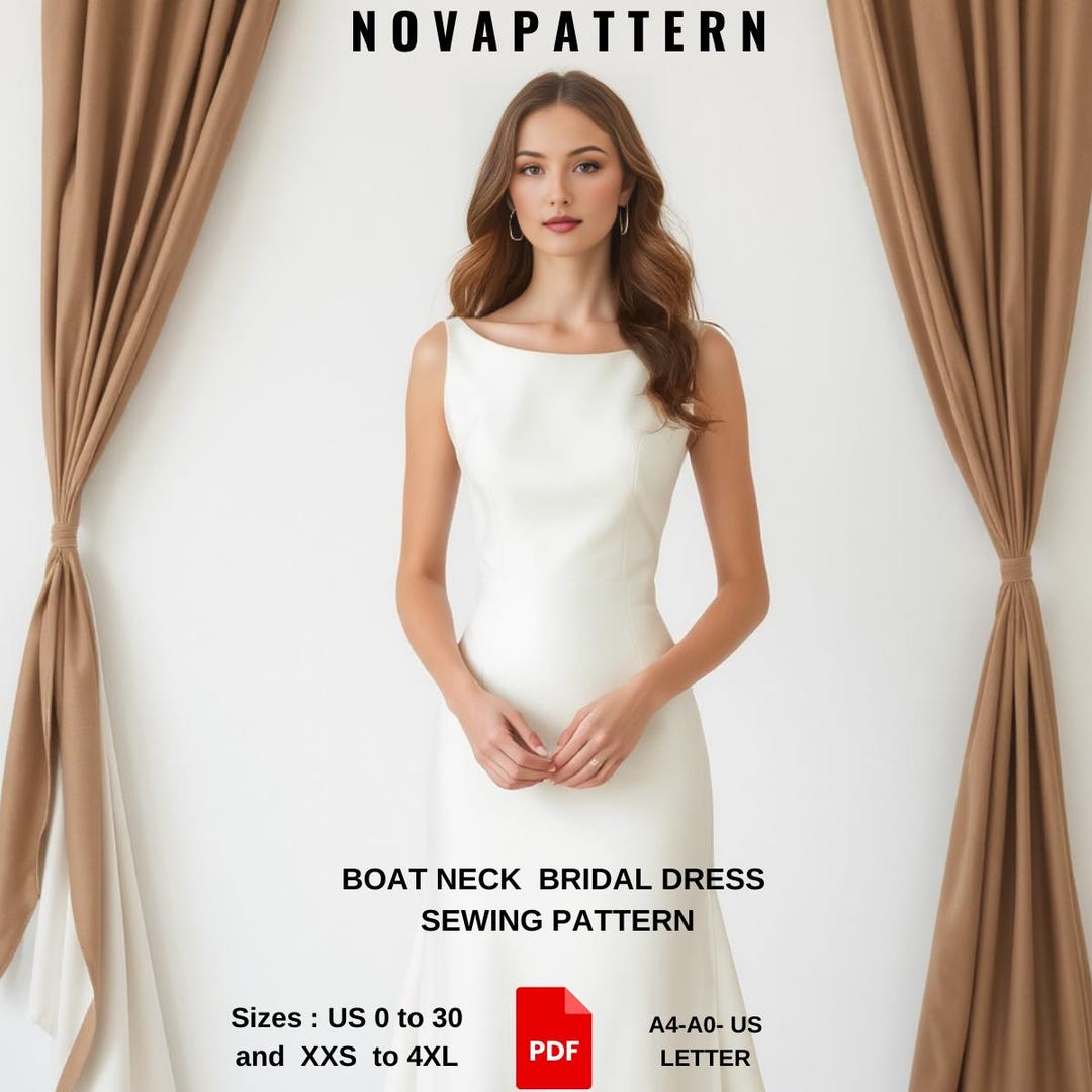 Boat Neck Bridal Dress Sewing Pattern | Elegant Minimal Wedding Gown ...