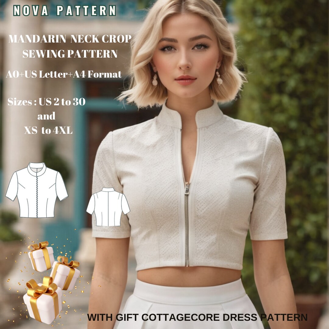 Mandarin Collar Crop Top Sewing Pattern | Short Sleeve Zipper Blouse ...