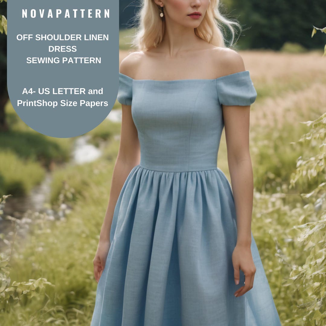 Linen off Shoulder Dress Sewing Pattern: Cottagecore Midi (A0-A4-US ...