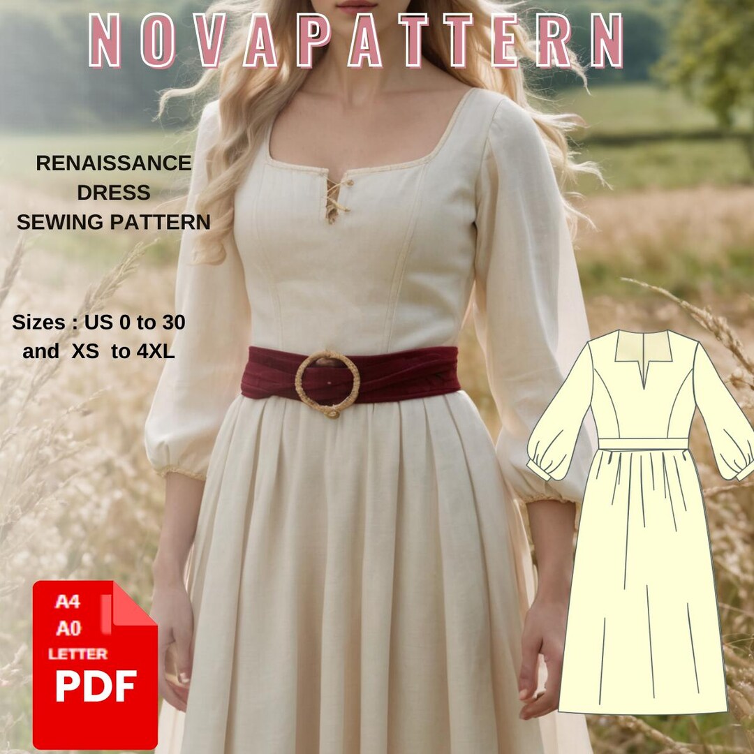 Renaissance Dress Sewing Pattern | Square Neck Puff Sleeve Gown ...