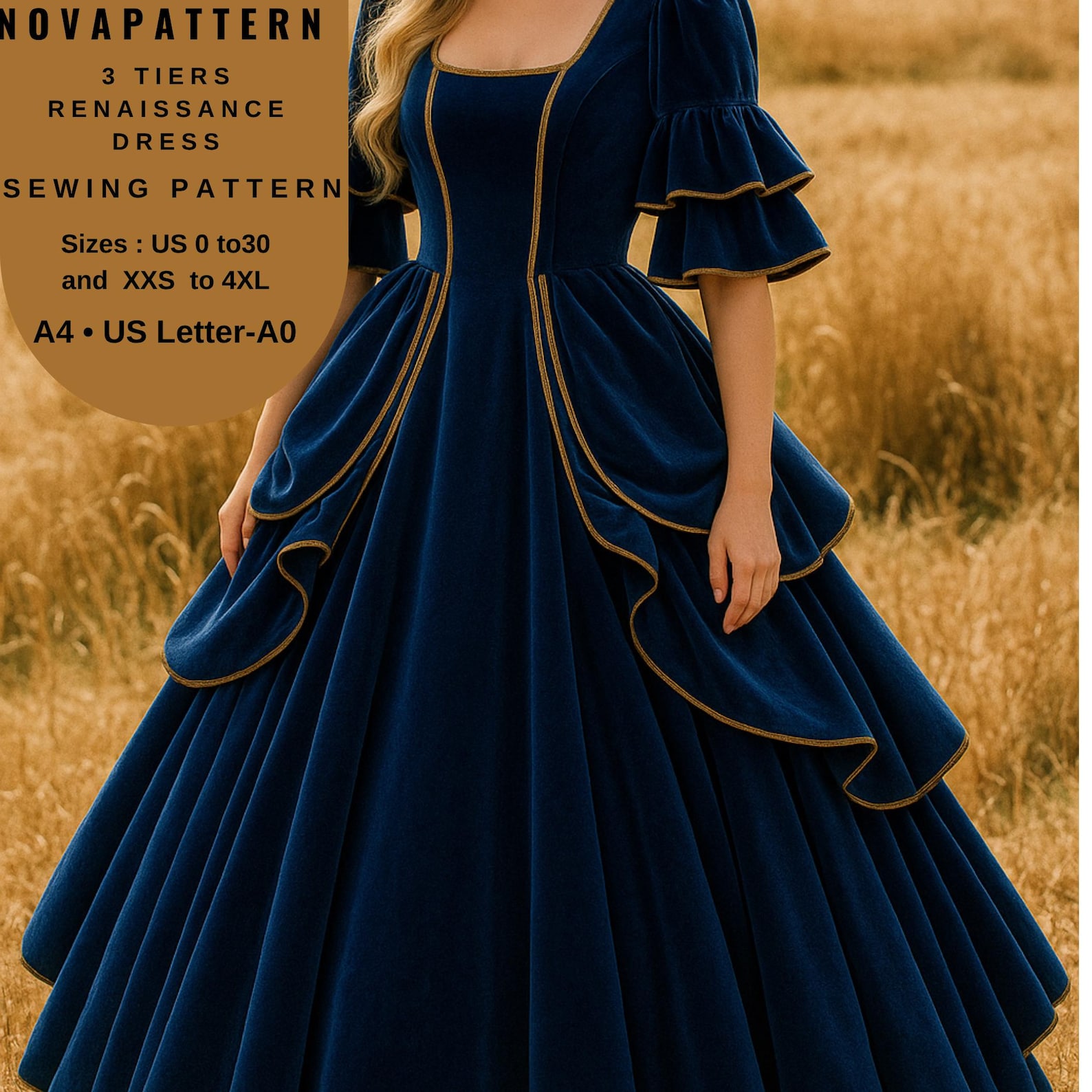 3 Tiers Renaissance Dress Sewing Pattern | Medieval Princess Gown | PDF ...