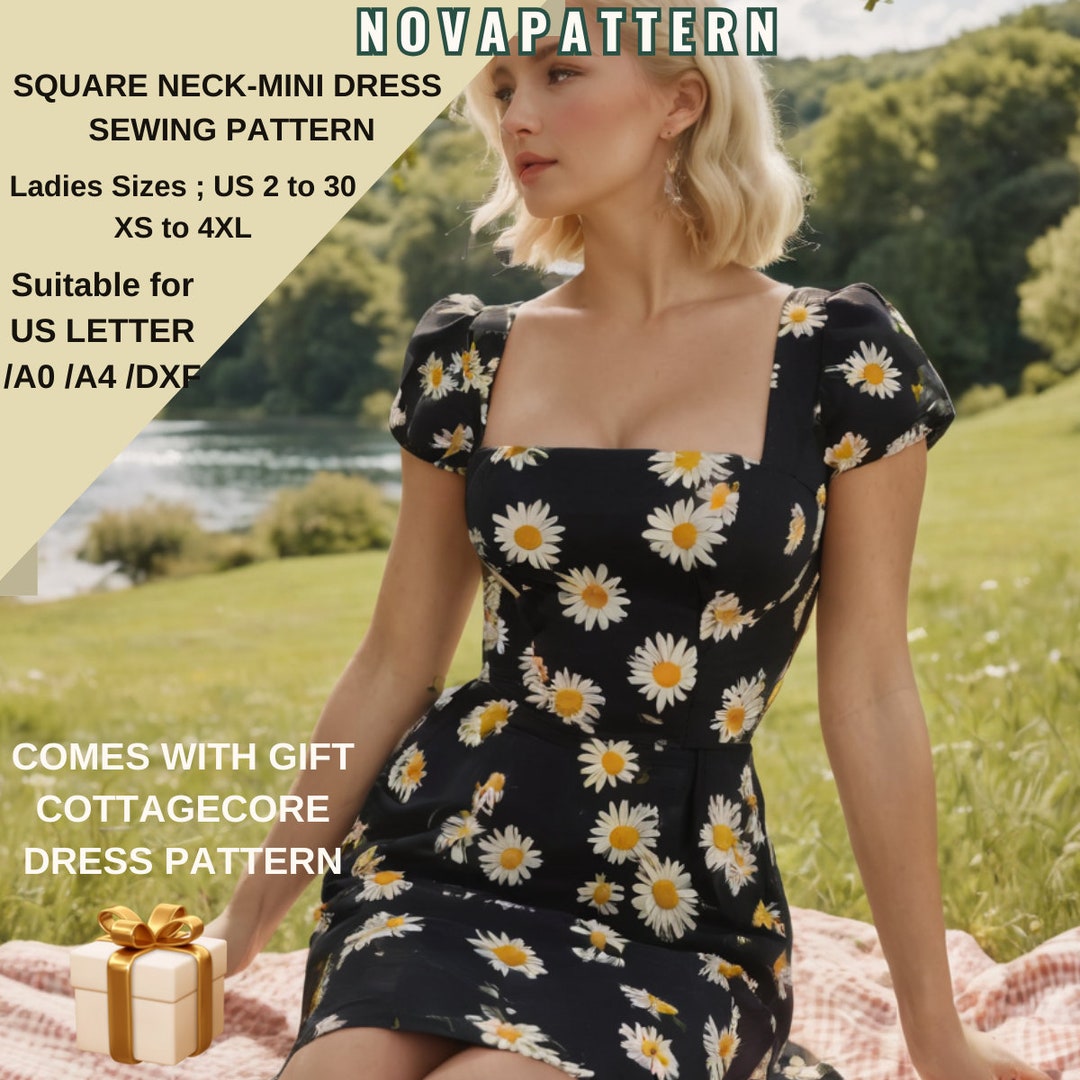 Sundress Square Neck Mini Puff Sleeve Dress Sewing Pattern,ladies Size ...