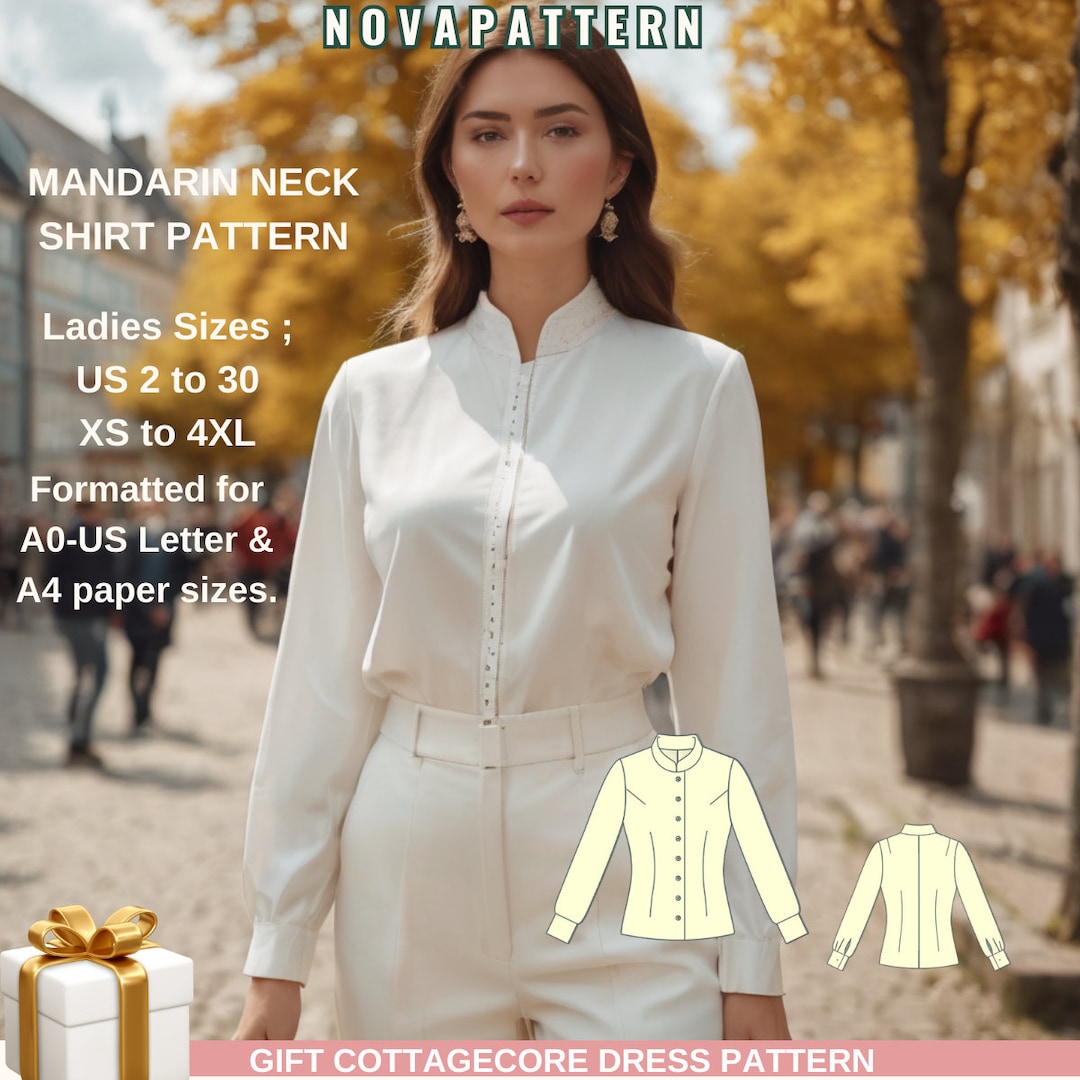 Mandarin Collar Shirt Sewing Pattern, Elegant Button up Blouse PDF ...