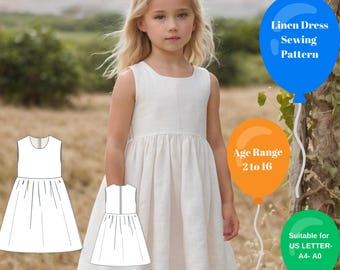 Kid's Linen Gathered Summer Dress Sewing Pattern,cap Flared Sleeveless ...