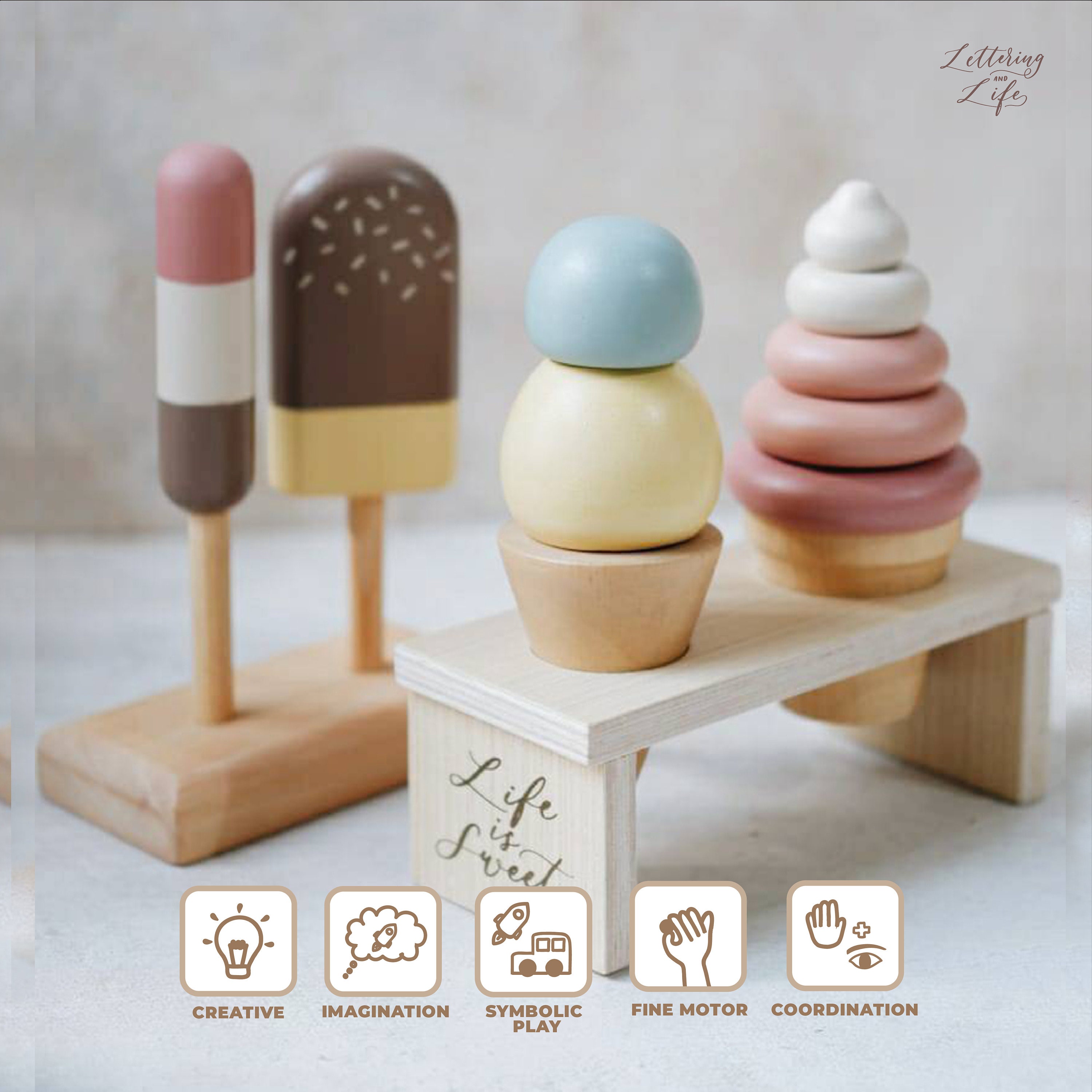 Gelato Flavors Ice Cream Set Kitchen Collections Wooden Stacking Toy ...