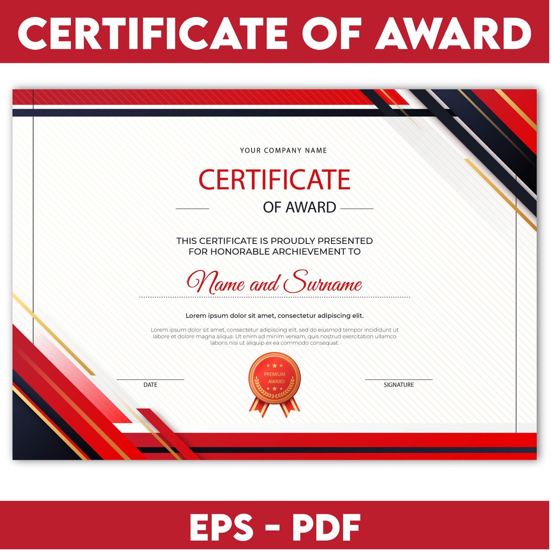 Certificate of Award Template Printable Certificate Editable - Etsy Canada