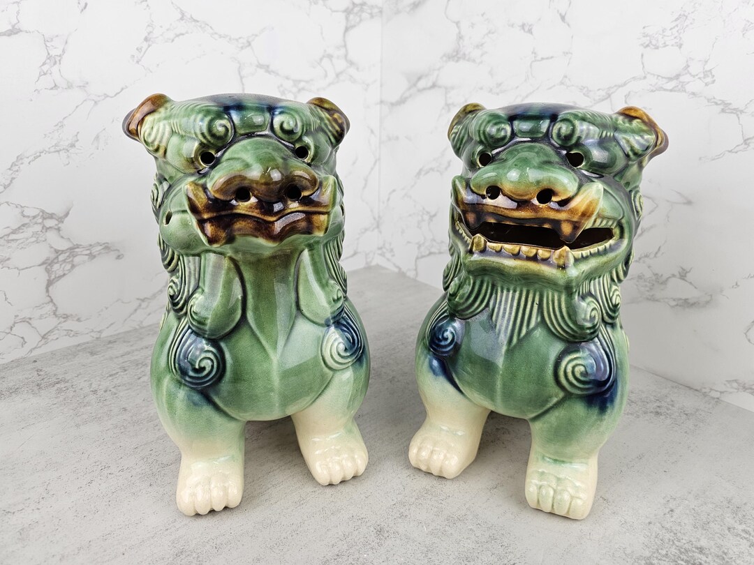Vintage Ceramic Foo Dog Figurines | Green Shi Shi Guardian Lion Pair - Etsy