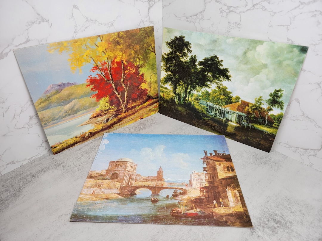Set of Three Vintage Lithograph Prints Featuring a Watermill, Venice ...