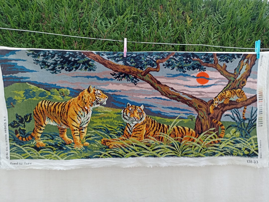 Rare Vintage French Tiger Family Hand Embroidered Canvas - Etsy