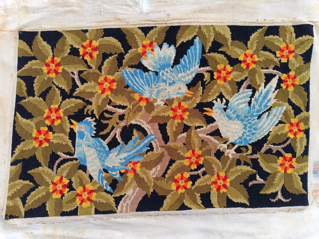 Rare Finished Vintage French Embroidery of Beautiful Colorful Birds ...