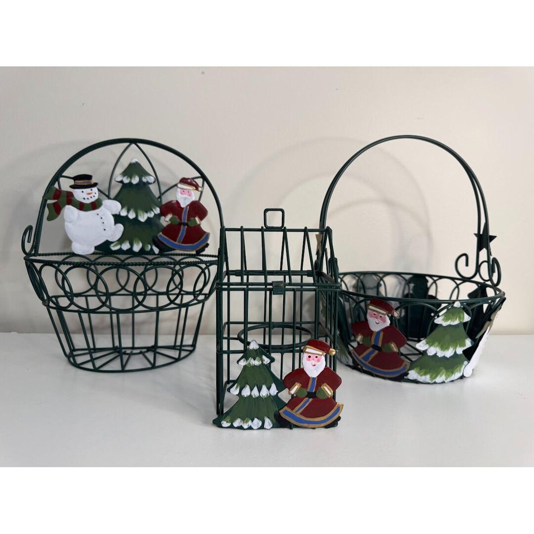 Vintage Metal Christmas Decor Bundle: Bird Cage Candle Holder & Baskets ...