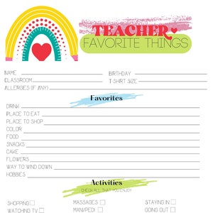 EDITABLE Teachers Favorites, Teachers Survey, Printable Teacher ...