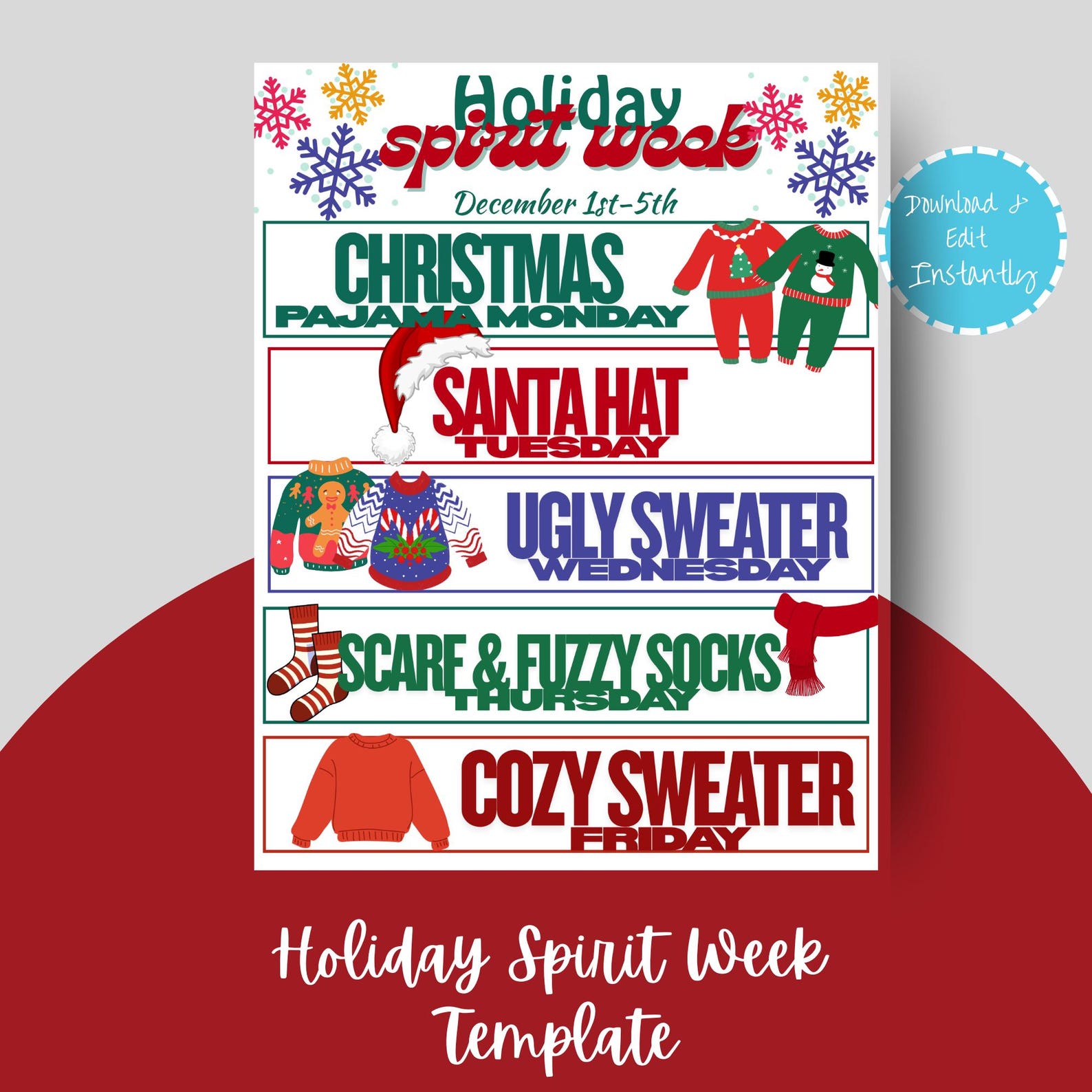 Christmas Spirit Week Template | Editable Canva Holiday Theme Week ...