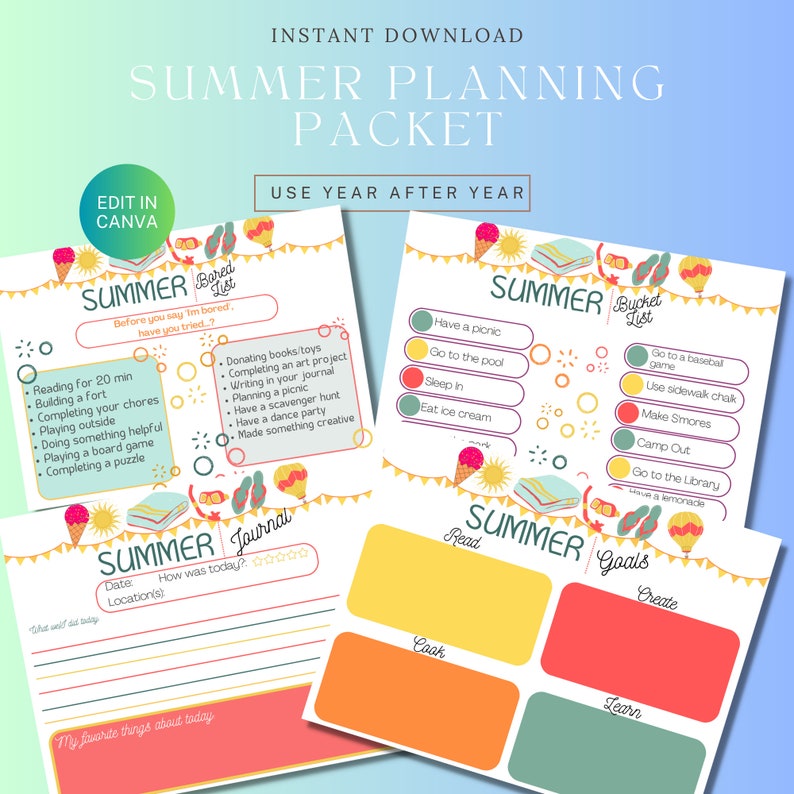 Summer Planner, Summer Organization Pack, Kids Summer Planner, Instant ...