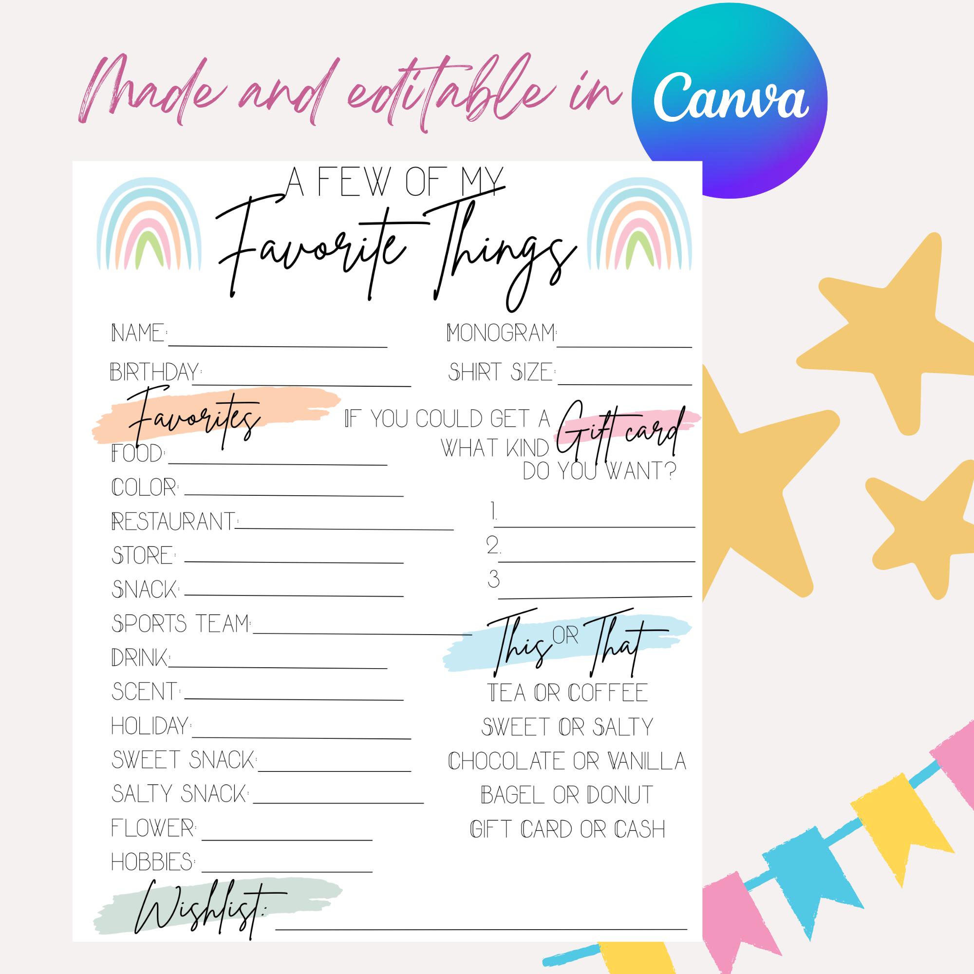 Editable Favorite Things Questionnaire Template | Canva Customizable ...