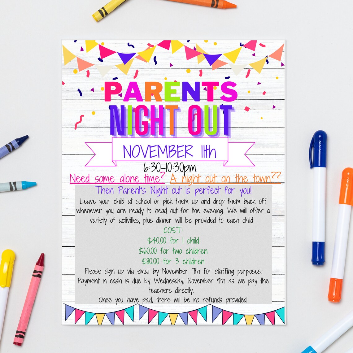 Parents Night Out Flyer, School/childcare Flyer, Church Fundraiser ...