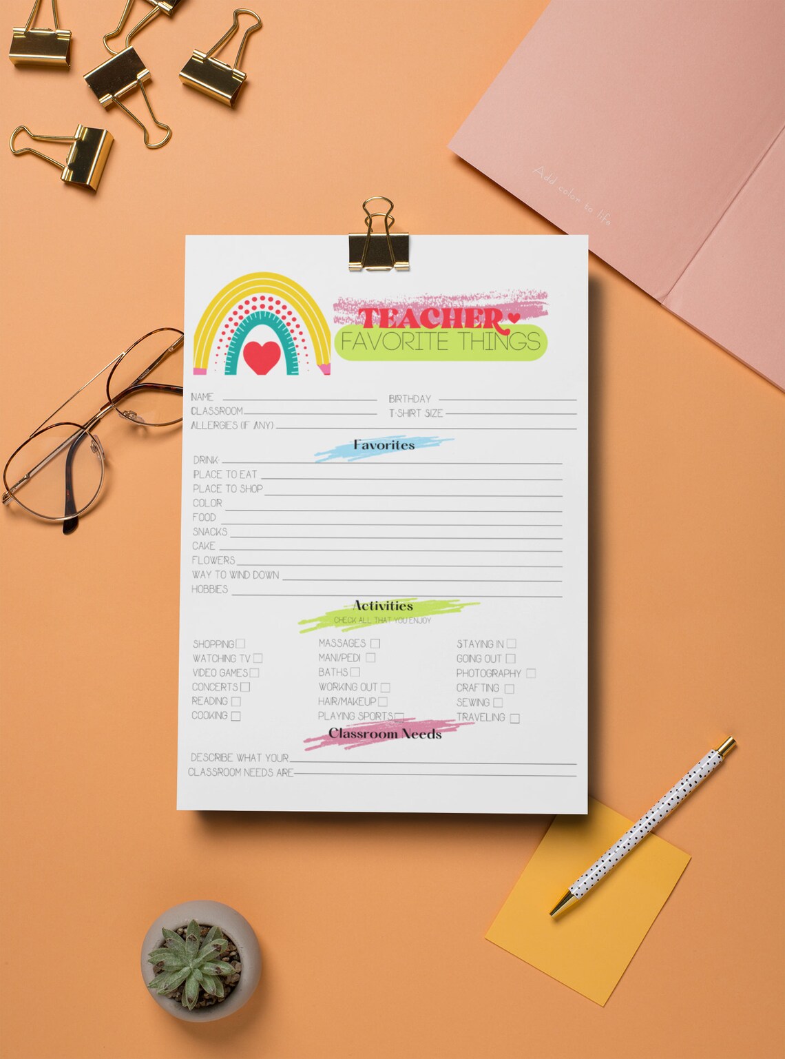 EDITABLE Teachers Favorites, Teachers Survey, Printable Teacher ...