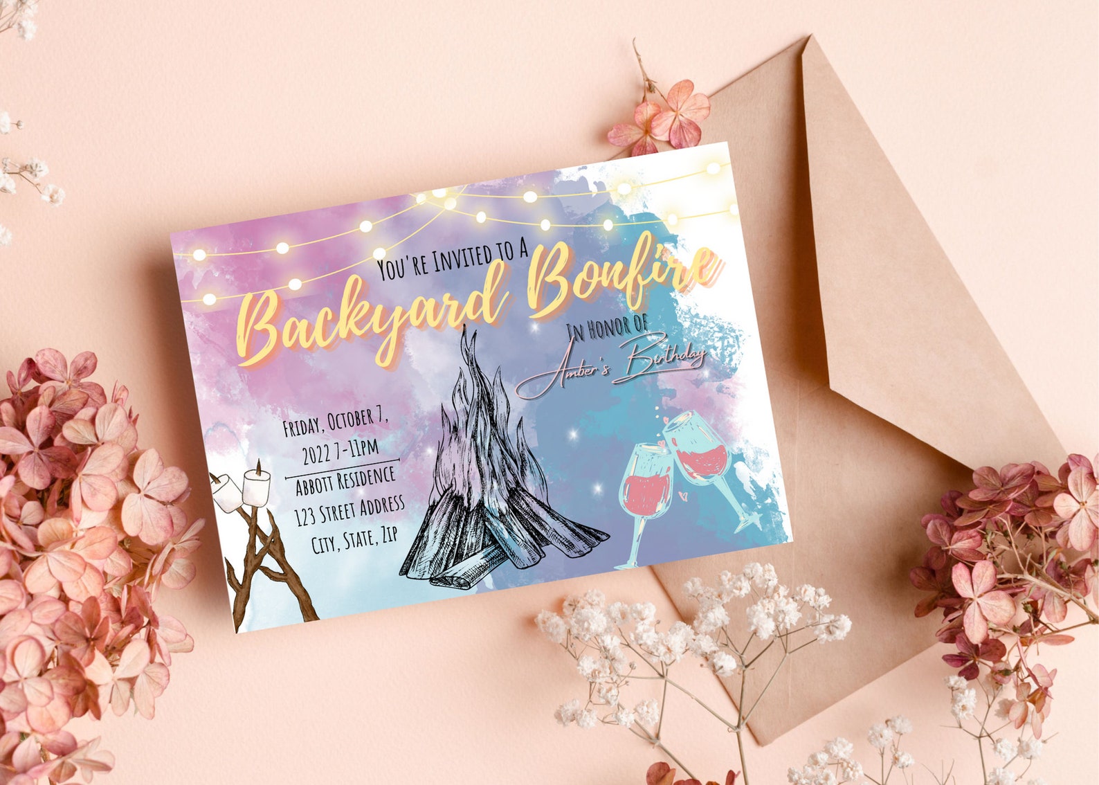 Birthday Invitation, Bonfire Invitation, Backyard Party Invitation ...