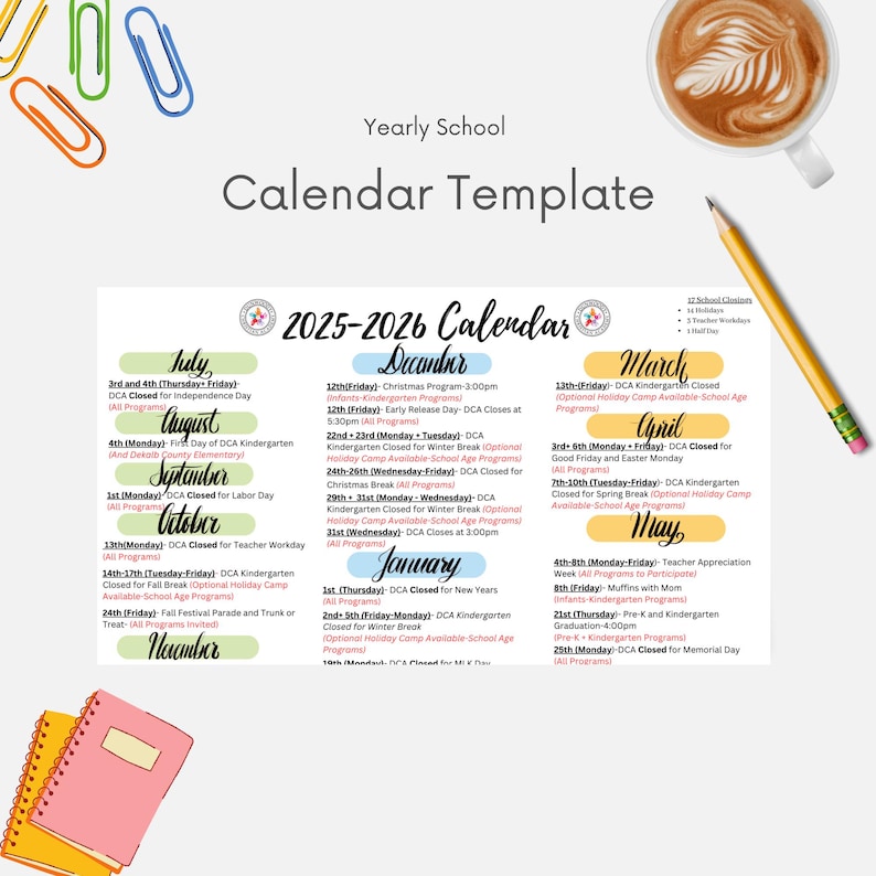 Editable School Calendar Template, Year Round Calendar Template ...