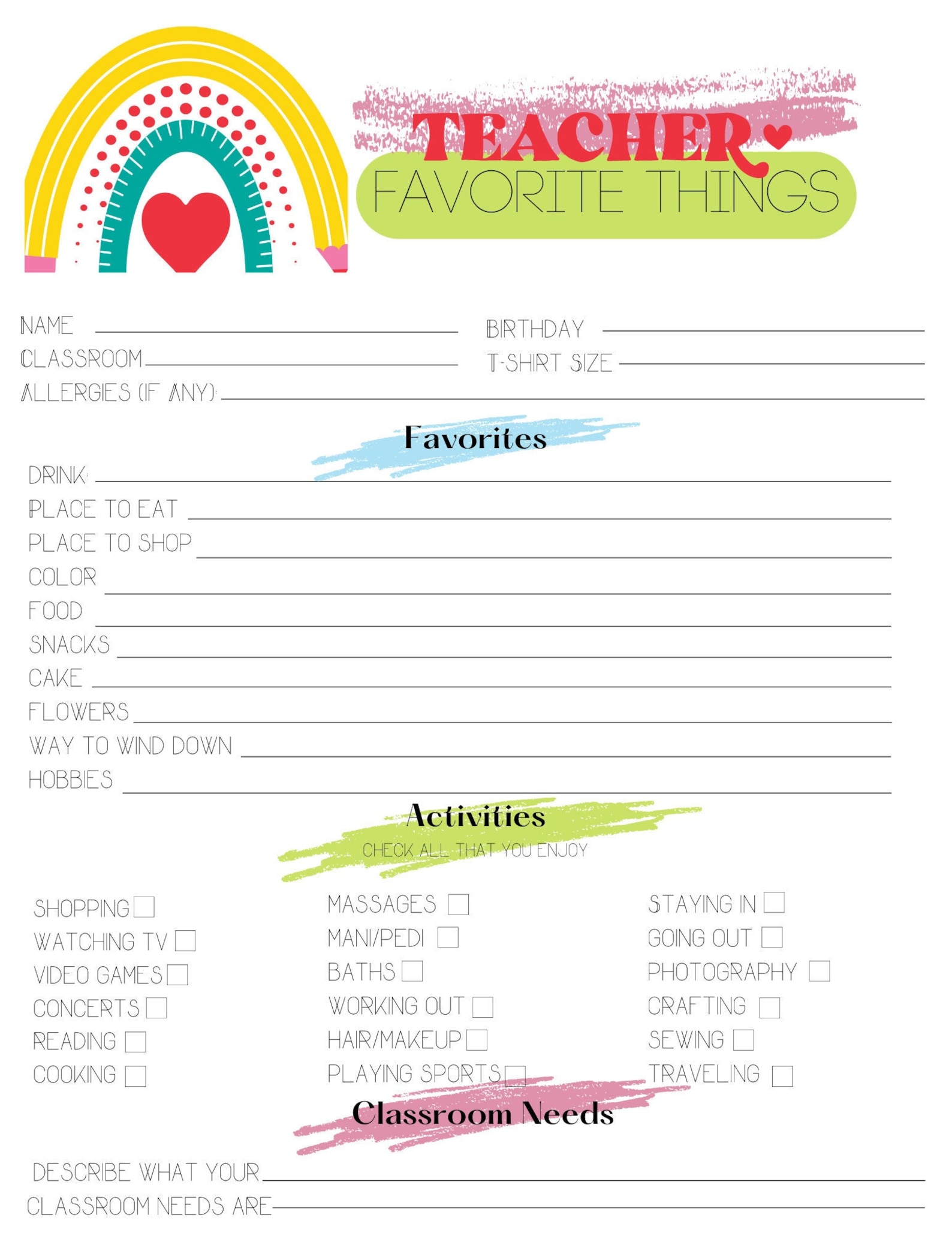 EDITABLE Teachers Favorites, Teachers Survey, Printable Teacher ...