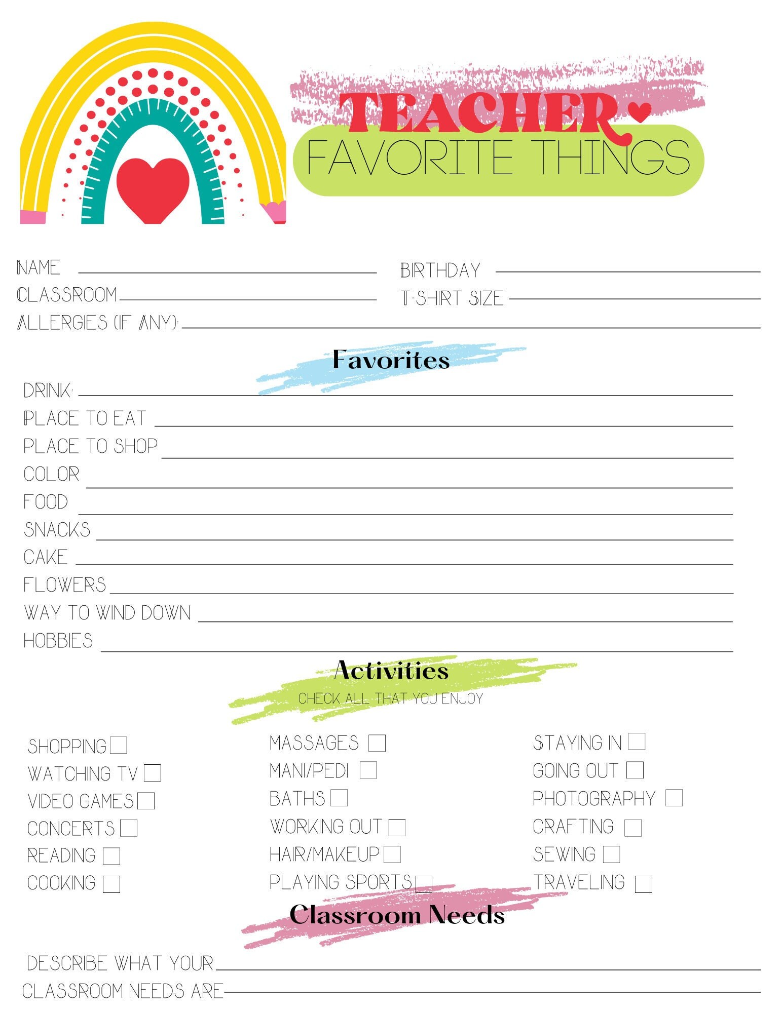 EDITABLE Teachers Favorites, Teachers Survey, Printable Teacher ...