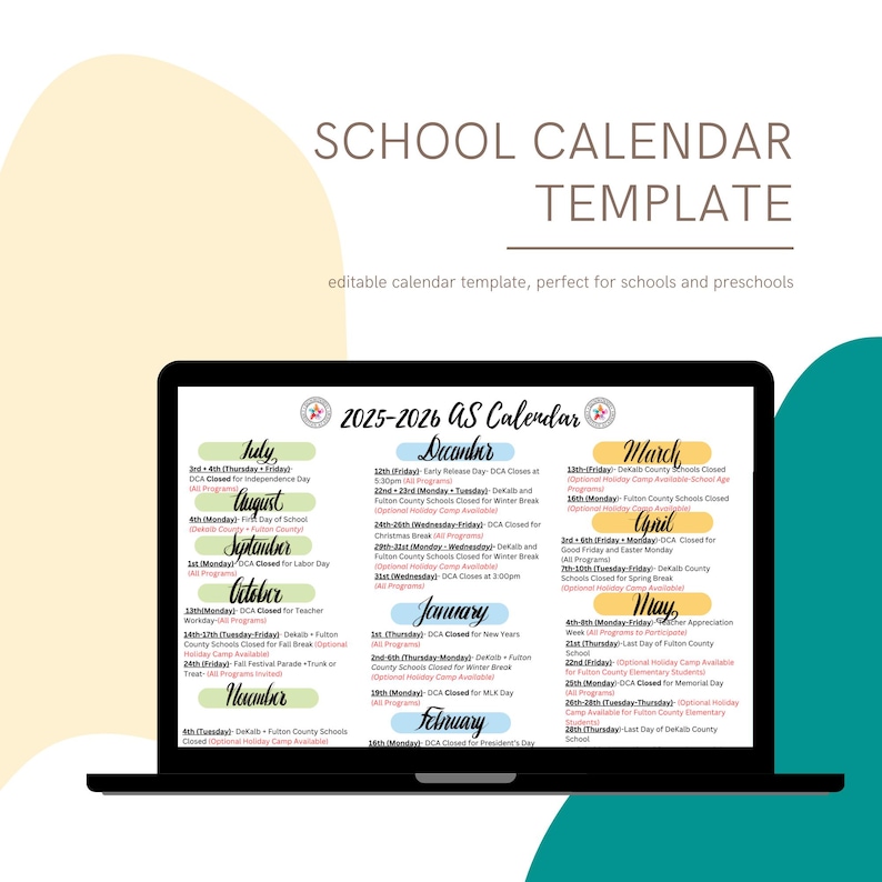 Editable School Calendar Template, Year Round Calendar Template ...