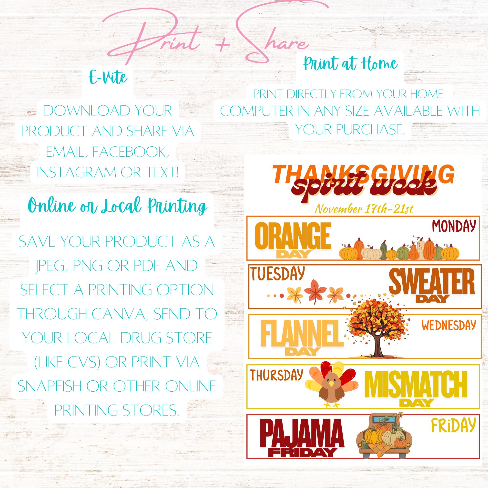 Thanksgiving Spirit Week Template | Editable Canva Fall Theme Week ...