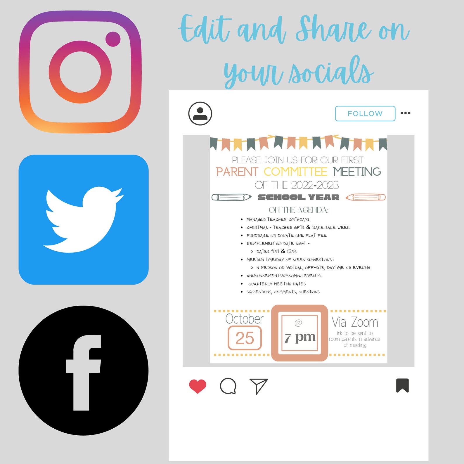 EDITABLE PTO, PTA, Parent Committee Meeting Flyer/invitation, School ...