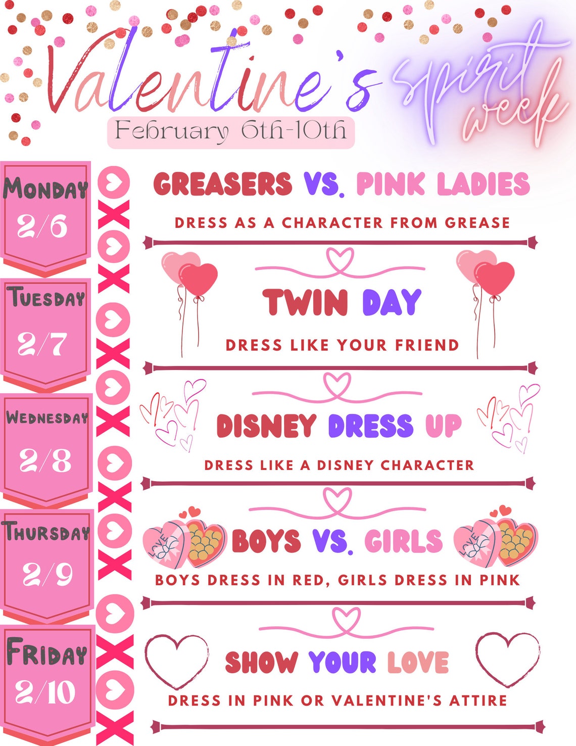 Valentines Day Spirit Week, Valentines Spirit Week, Preschool Theme ...