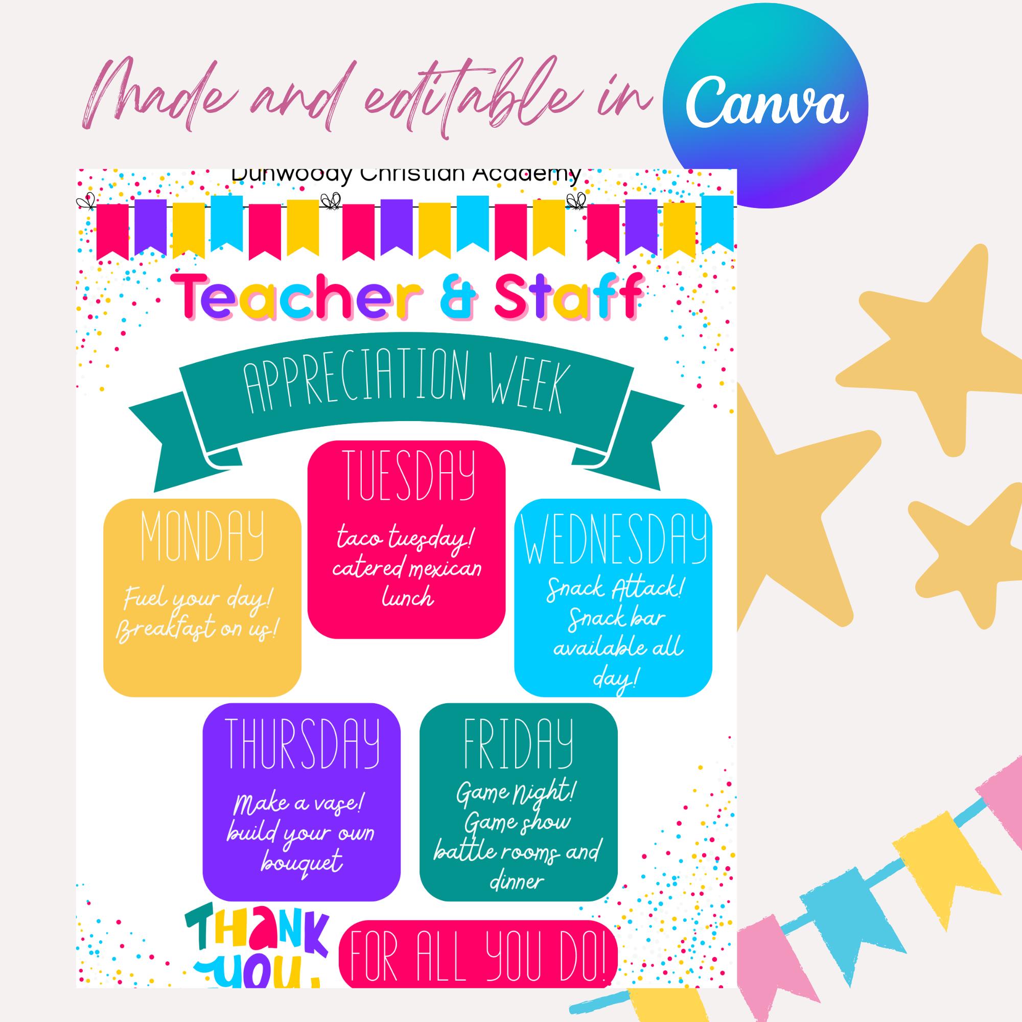 Teacher Appreciation Week Schedule Template | Editable Canva Flyer ...