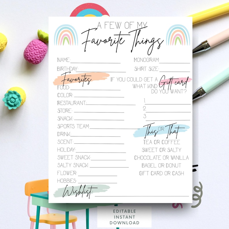 Editable Favorite Things Questionnaire Template | Canva Customizable ...