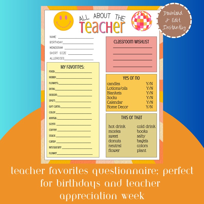 All About the Teacher Printable, Teacher Questionnaire, Printable for ...
