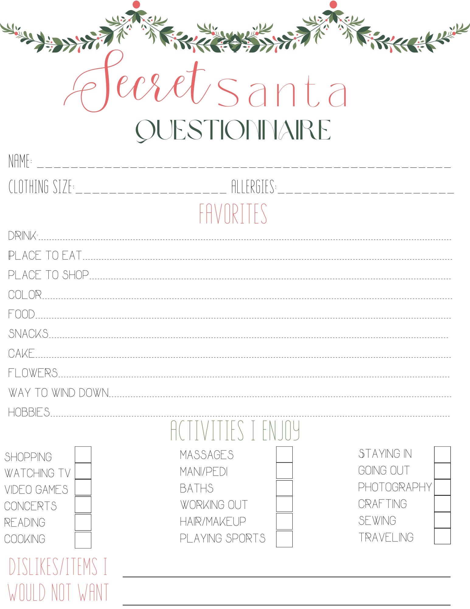 Secret Santa Questionnaire Christmas T Ideas Editable Instant