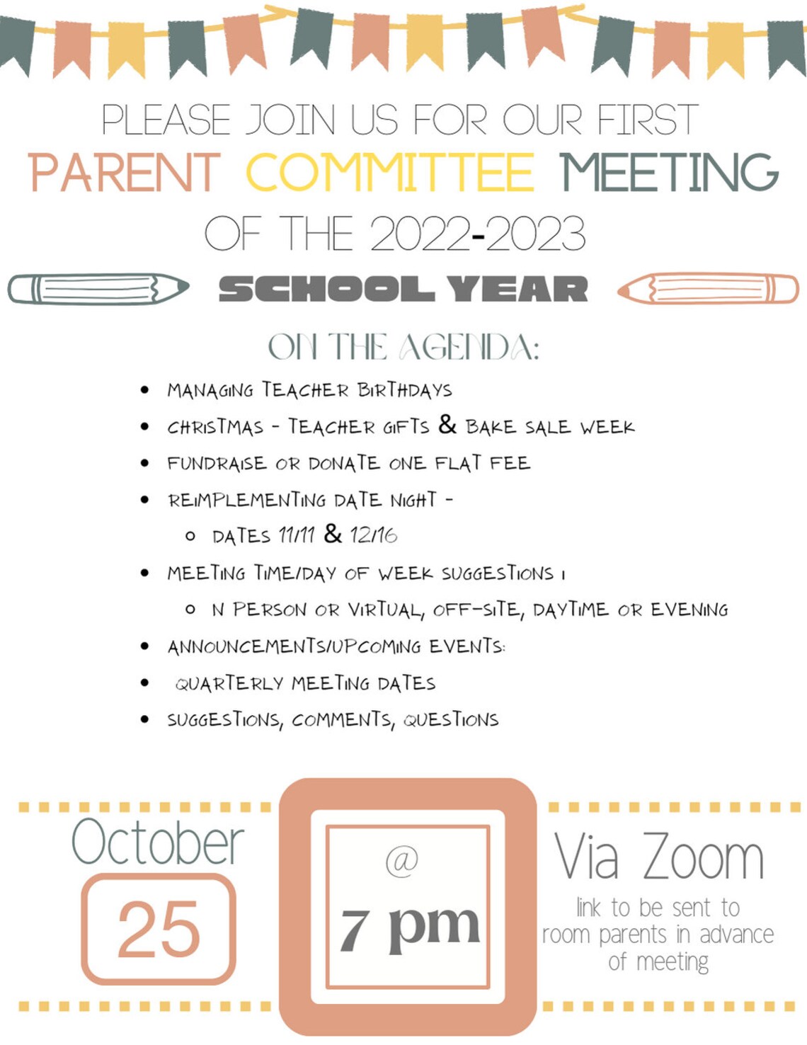 EDITABLE PTO, PTA, Parent Committee Meeting Flyer/invitation, School ...