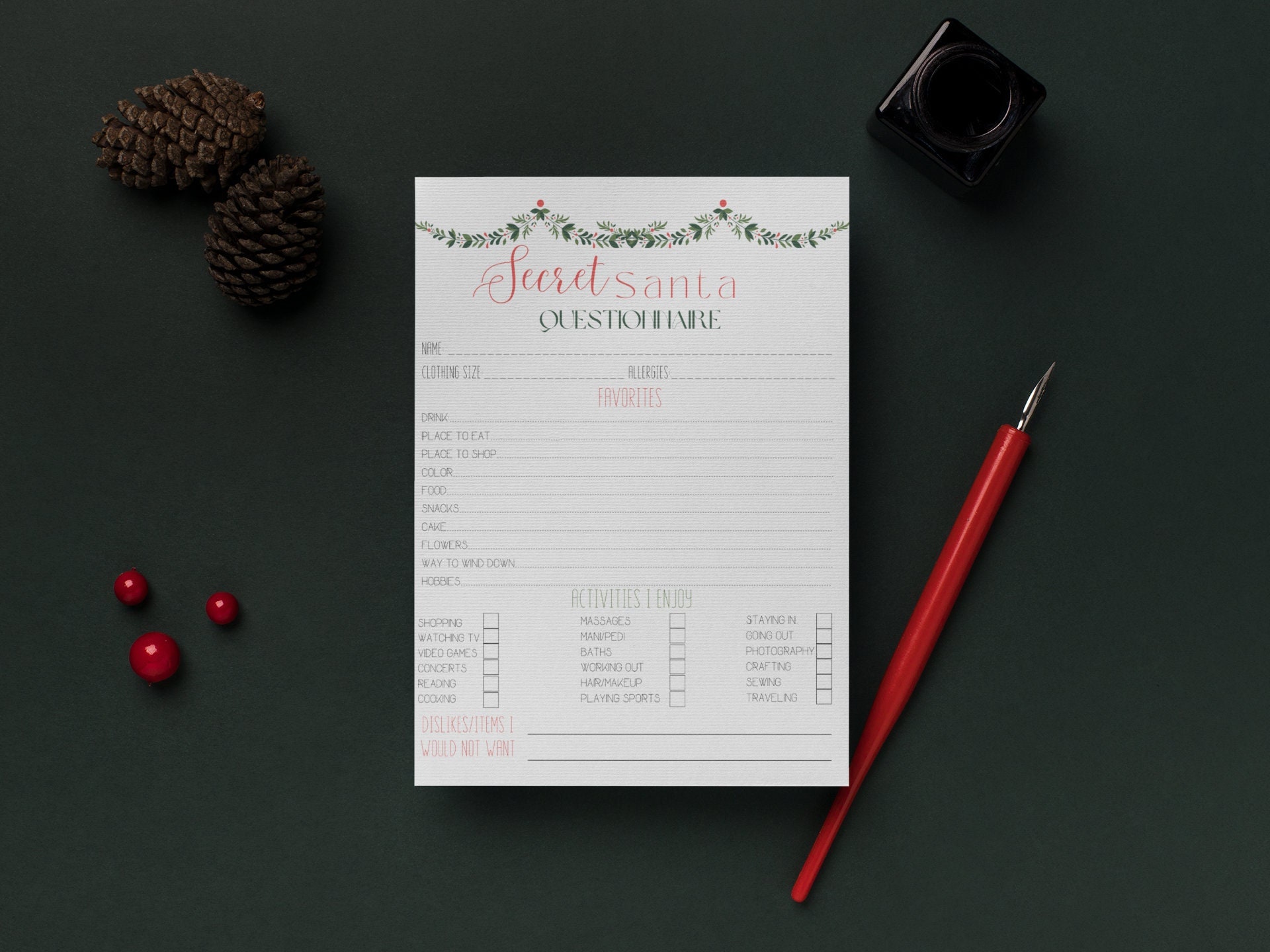 Secret Santa Questionnaire, Christmas Gift Ideas, Editable, Instant ...