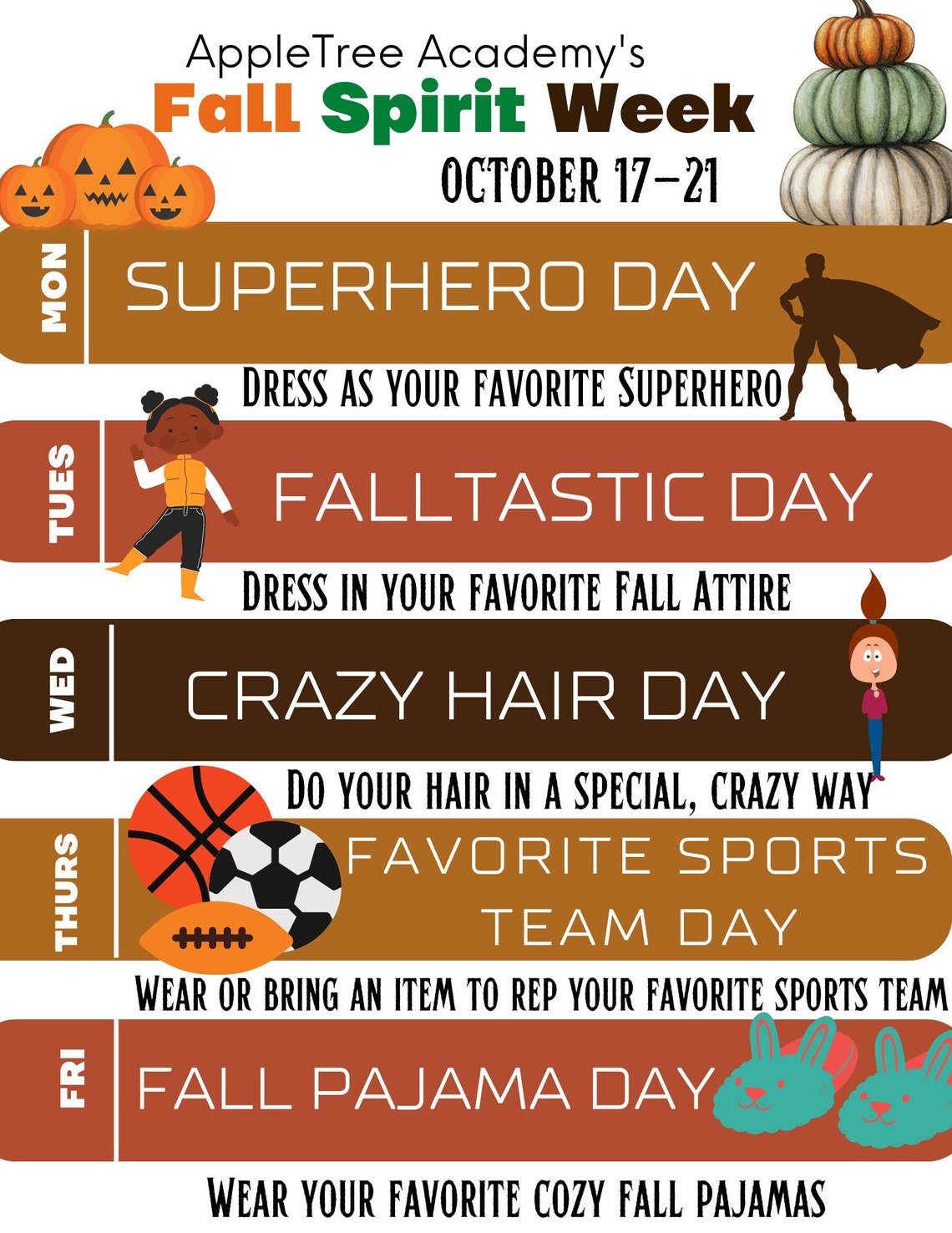 School Spirit Week, Fall Spirit Week Itinerary Schedule, Preschool ...