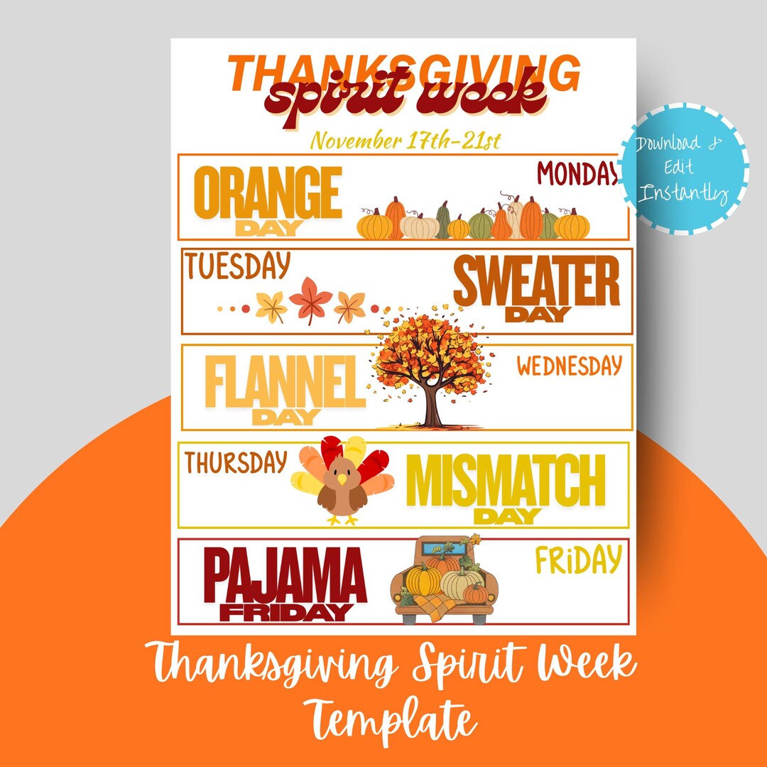 Thanksgiving Spirit Week Template | Editable Canva Fall Theme Week ...
